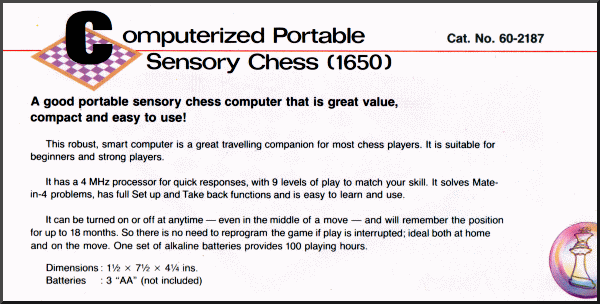 RadioShack and Tandy Model 60-2187 1650 Portable Sensory Chess (1983 ...
